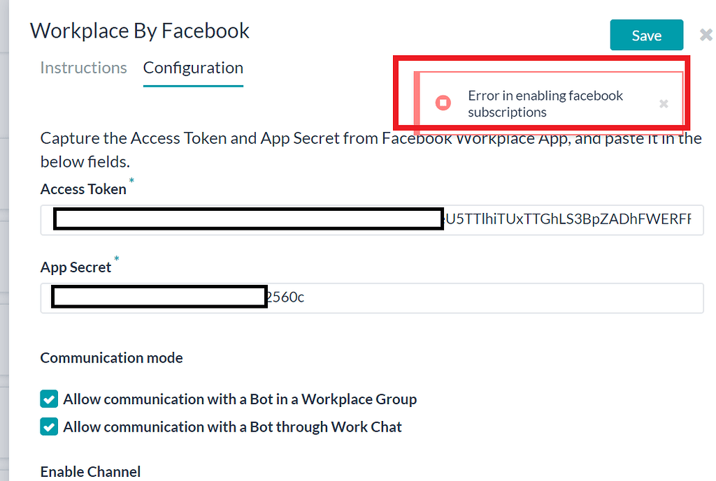 Can´t configure Workplace by facebook channel - Error in enabling facebook suscriptions message ...