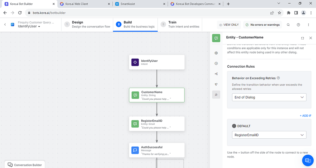 Bot was not able to flow to the next step in Web Channel Mode - AI for Service - Kore.ai Bot ...