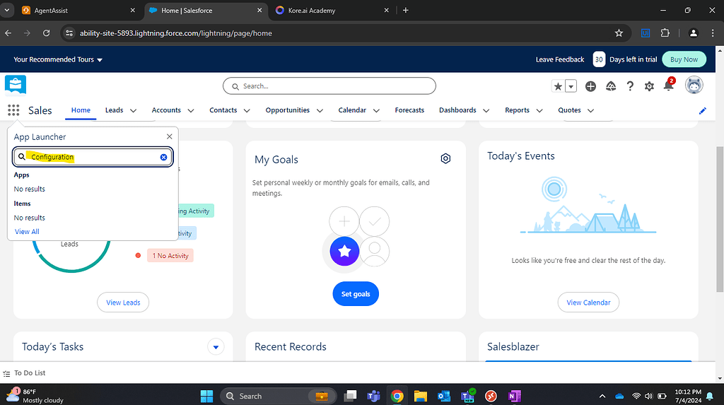 Unable to find the KoreAgentAssistConfiguration under App Launcher of Salesforce - AI for ...