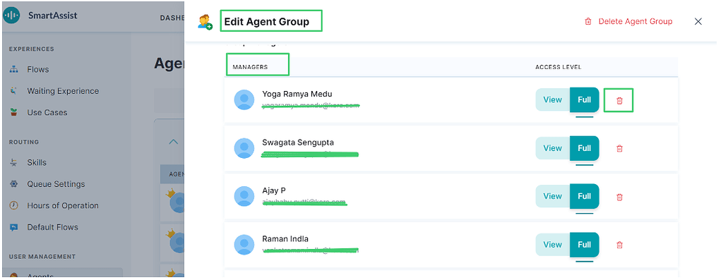 Deleting an agent Admin from Agent configurations in SmartAssist - SmartAssist - Kore.ai Bot ...