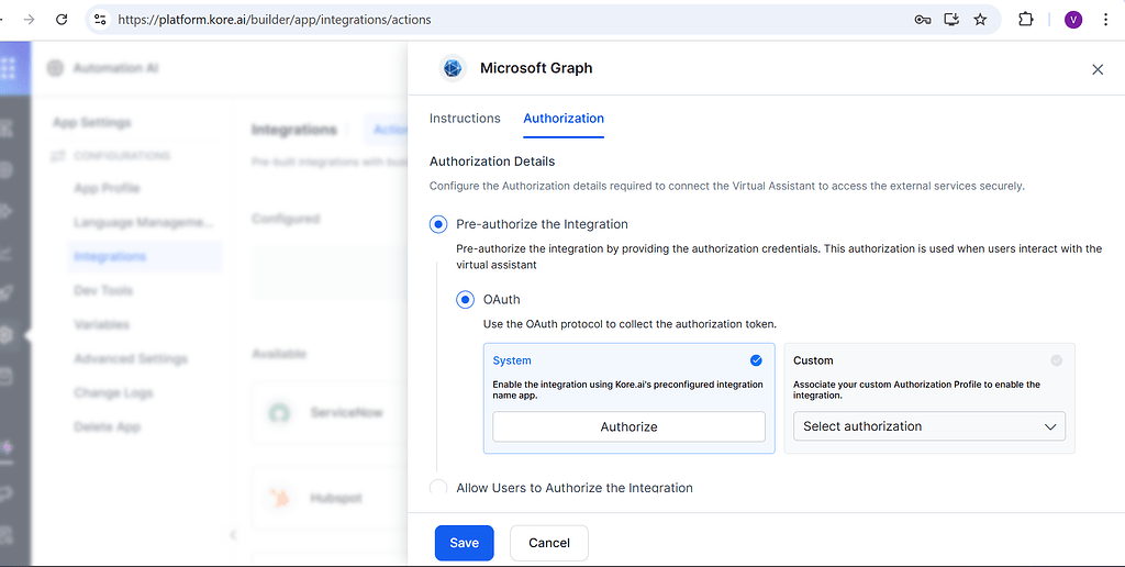Microsoft Graph Pre-Authorize integration is not functioning - AI for Service - Kore.ai Bot ...